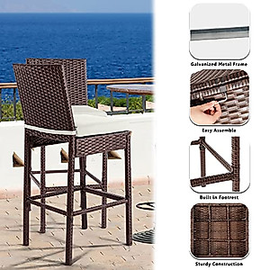 NOVAGLORY Outdoor Bar Stools Wicker Woven Patio Stools & Patio Bar Chairs Height Stools with Footrest Armless Cushion Beige All Weather Rattan Garden Stool for Pool Lawn Porch Backyard (4, Beige)