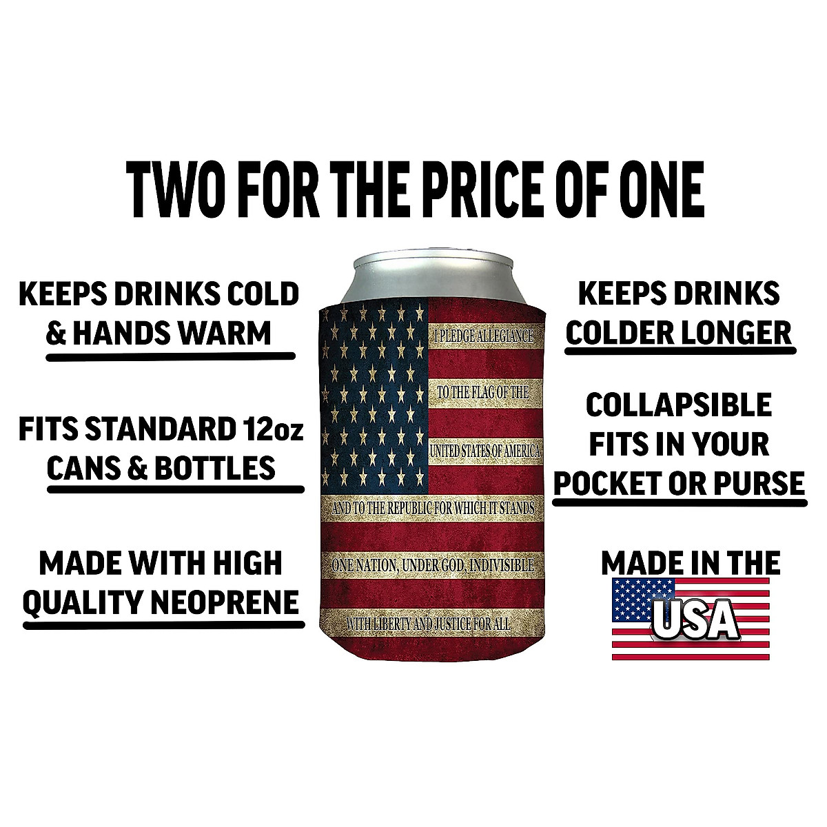Rogue River Tactical USA Flag Pledge Of Allegiance, Rustic Flag Bundle Collapsible Beer Can Bottle Beverage Cooler Sleeves 2 Sets of 2 Packs Gift Set Combo
