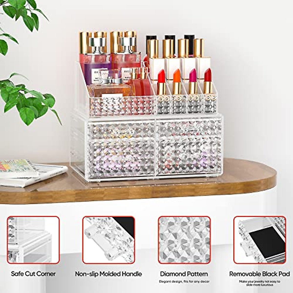 Awenia Makeup Organizer with Drawers[Upgraded]-Acrylic Make up Organizers and Storage Case for Cosmetics,Perfume,Jewelry Display, Vanity and Bathroom Accessories (Clear-4 Drawers)