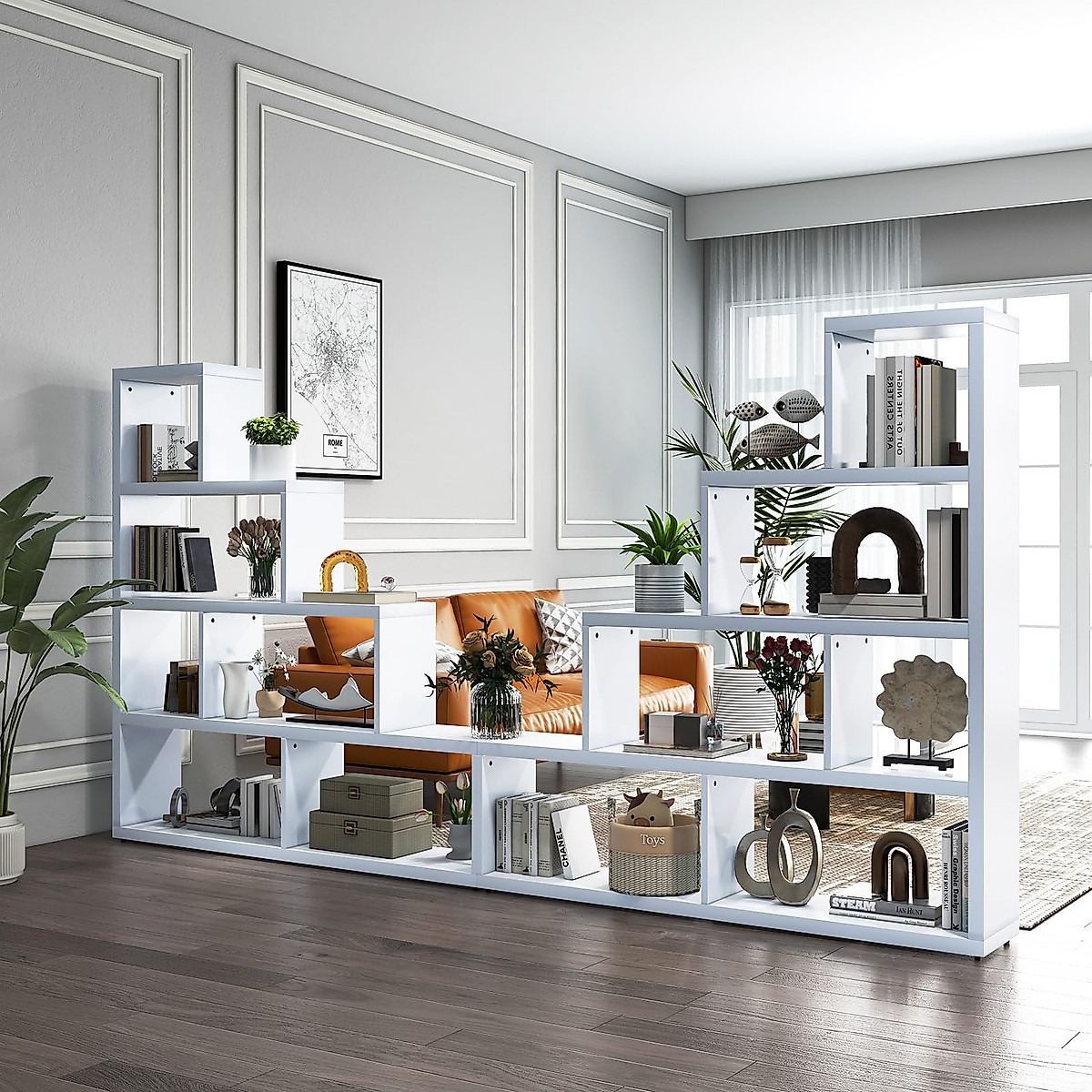 SILKYDRY 4 Tier Bookshelf, L Shaped Ladder Corner Bookshelf, 6 Cubes Stepped Etagere Bookcase, 10 Shelves Storage Display Rack for Living Room Home Office Hallway (White)