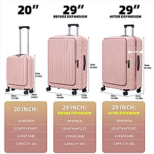 Kaleenie 2 Pieces 20/29 Luggage Sets, 20 Inch Cabin Luggage with Front Pocket & 29 Inch Side Opening Suitcase, Ligthweight ABS+PC Hardshell, Pink