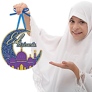 Jetec 2 Pieces Eid Ramadan Mubarak Decorations Eid Mubarak Wood Hanging Signs Eid Mubarak Moon Ornament Wall Door Window Decor Party Supplies