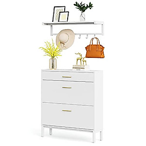 Tribesigns Shoe Cabinet with Flip Doors for Entryway, 2-In-1 Design Coat Rack Shelf with Shoe Storage Cabinet, Wooden Shoes Rack Shoe Organizer with Coat Hooks for Hallway