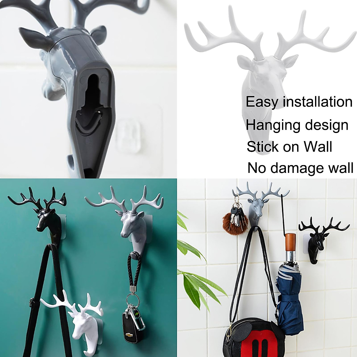 Cangder 3Pcs Deer Wall Hooks Antlers Plastic Wall Hooks/Hanger, Grey Animal Key Hat Holder Hanging for Home Wall Decoration