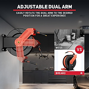 Air Hose Reel, 3/8 In X 65 ft Retractable Air Hose Reel, Double Arm & Auto Rewind Air Compressor Hose Reel Heavy Duty Air Tool Hose Reels with 6 ft Lead In Max 300PSI for Ceiling/Wall Mounts