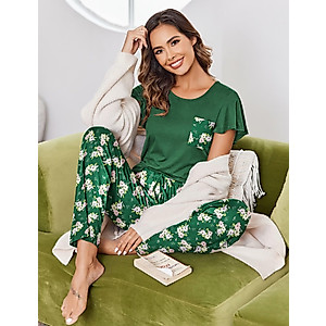 Ekouaer 2 Pack Womens Pajama Sets Short Sleeve with Long Pajama Pant Set Soft Sleepwear Printed Pj Lounge Set with Pockets