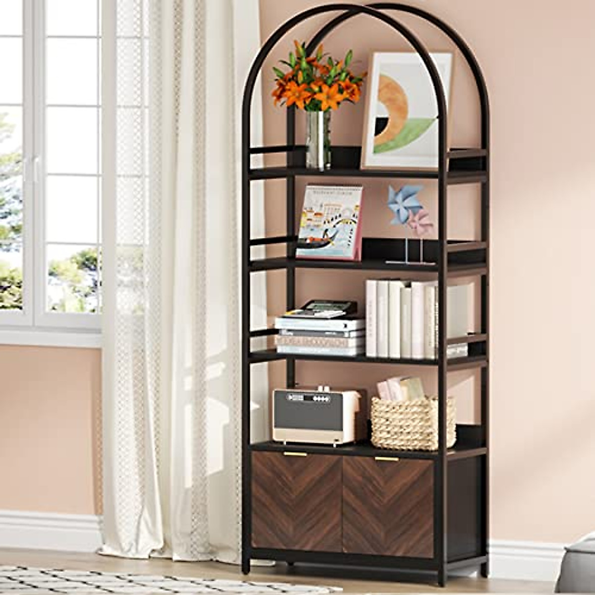 LITTLE TREE 75.9 Inch Arched Bookshelf Etagere Bookcase with Cabinet Door for Living Room