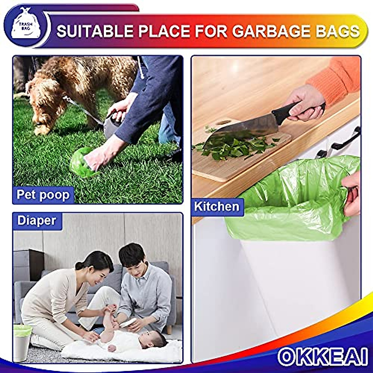 OKKEAI 3 Gallon Small Trash Bags 100 Counts Small Trash Can Liners Garbage Bags Mini 10L Wastebasket Bin Liners Bags for Bathroom Kitchen Bedroom Living Room Office,Green