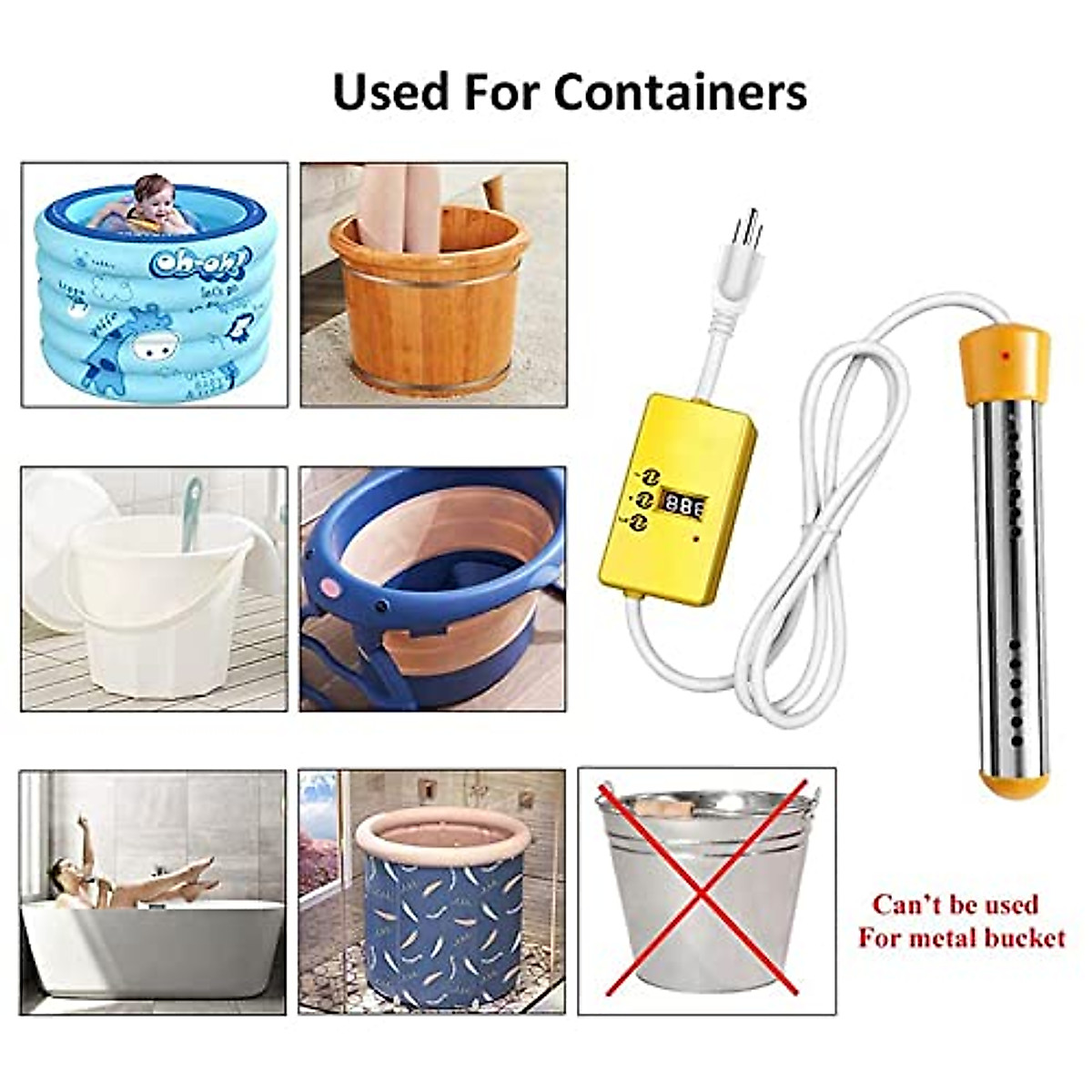 Immersion Water Heater, 1500W Portable Electric Submersible Water Heater with Timer, Stainless Steel Guard Cover and Digital Thermometer for Home Travel Camping