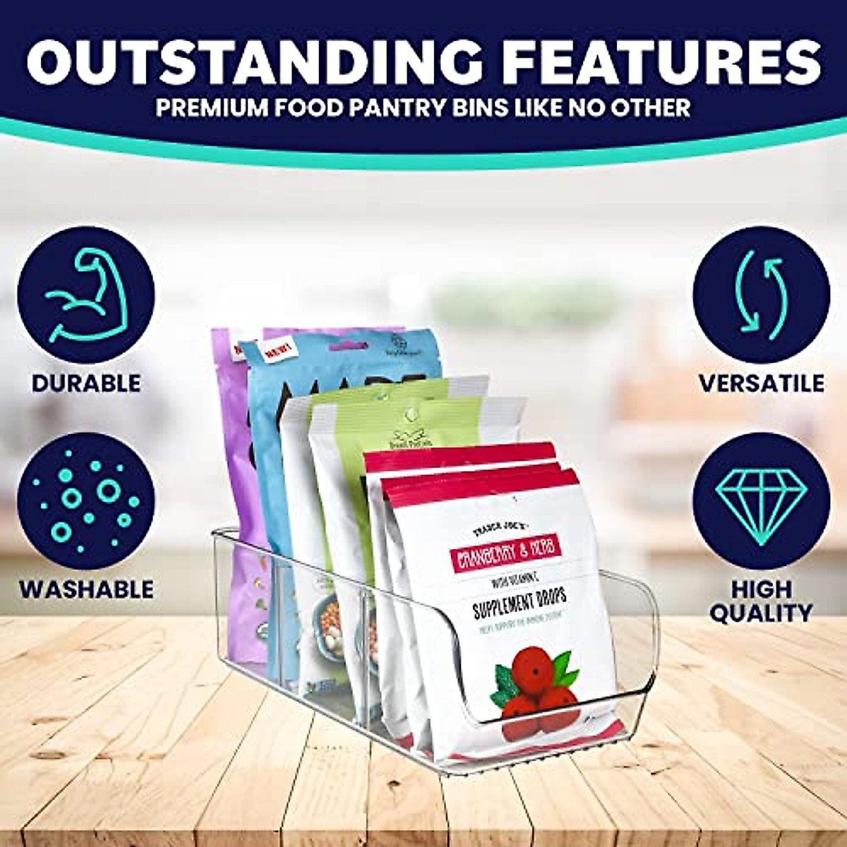 ELTOW 6 Pack Snack Organizer for Pantry, 3 Compartment Plastic Pantry Organizer Bins with Removable Dividers, Chip Organizer for Pantry, Food Packets, Spices, Condiments, Fridge, Cabinet, Kitchen