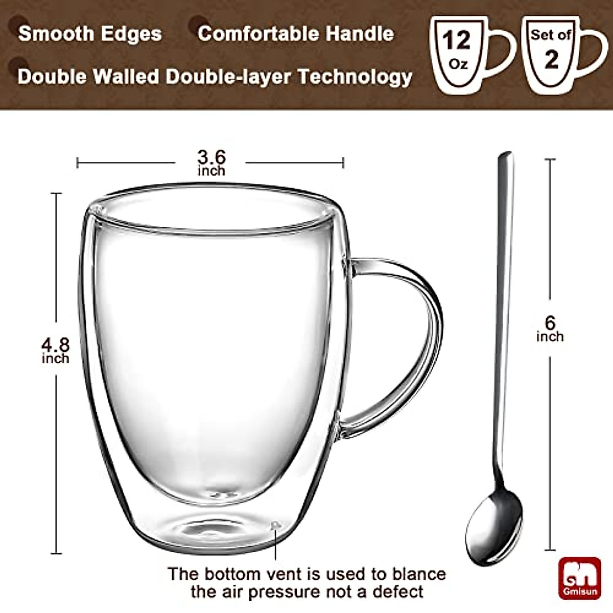 GMISUN Glass Coffee Cups, 2 Pack Double Wall Glass Coffee Mugs with Bamboo Lids, 12 Oz Clear Coffee Mug with Handle, for Ice Coffee/Tea/Hot Beverages/Cappuccino/Latte, Extra Spoons, Coaster