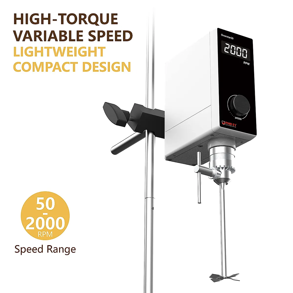 4E's USA Overhead Stirrer - 40 Liter, 50000mPas, 50~2000 RPM Variable Speed with Stand and Stirring Rod, LED Lab Stirrer Mixer with Safety Sensors and Go-Through Design for Easy Rod Adjustment