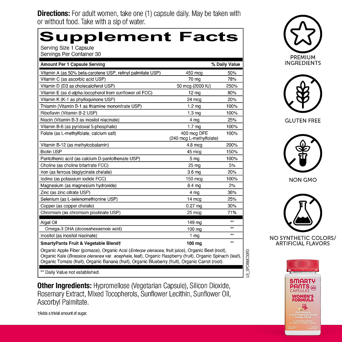 SmartyPants Multivitamin for Women: Omega-3 DHA; Zinc for Immunity, Biotin, Iron, Folate, Vitamins D3, C, B6, Vitamin B12, One Per Day, 30 Capsules, 30 Day Supply