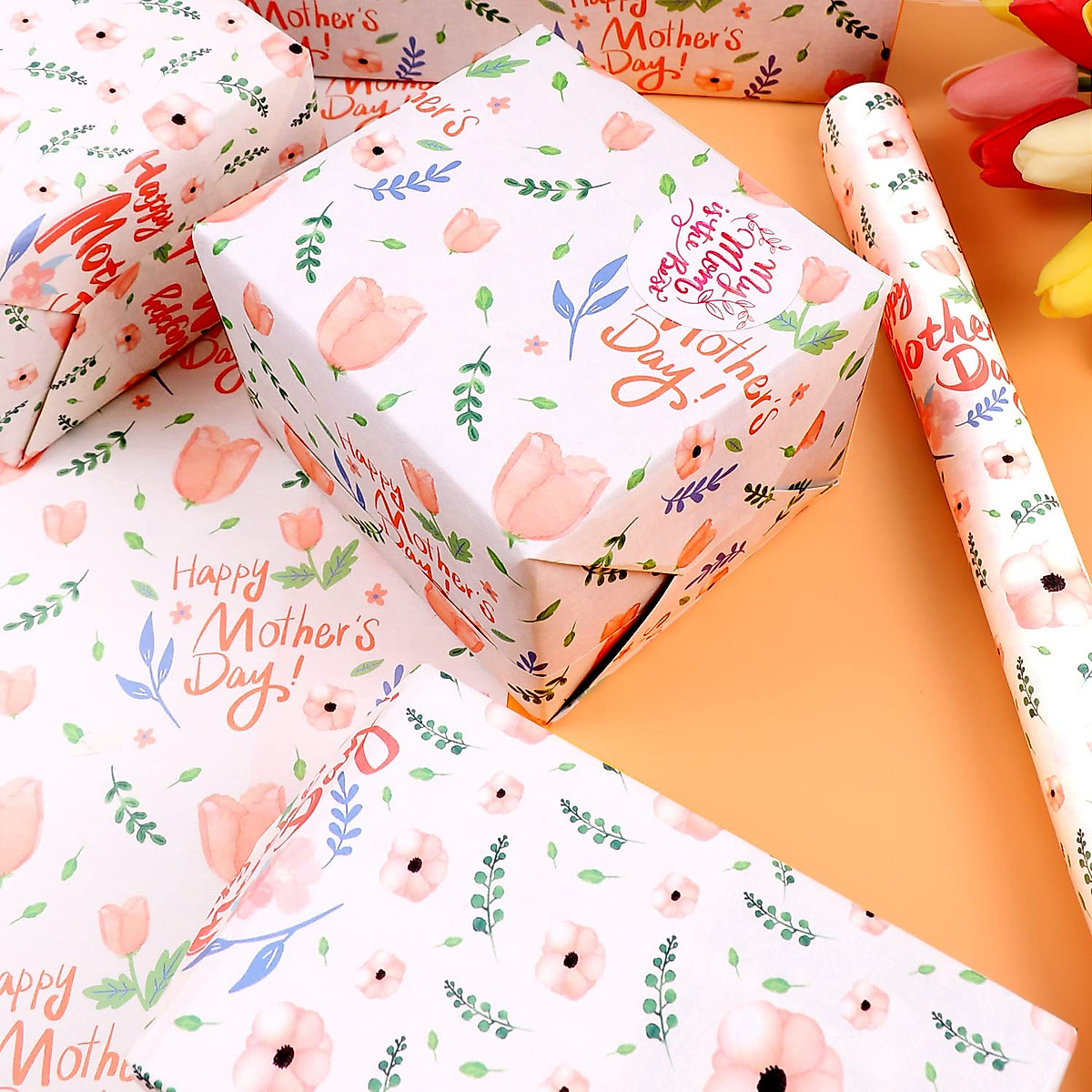 MAMUNU 6 Sheets Mother's Day Gift Wrapping Paper, "Happy Mother's Day" Pink Floral Wrapping Paper with Stickers for Mother's Day, Thanksgiving, Anniversary, Valentine's Day Gift Wrapping, 20 x 28 Inch Per Sheet