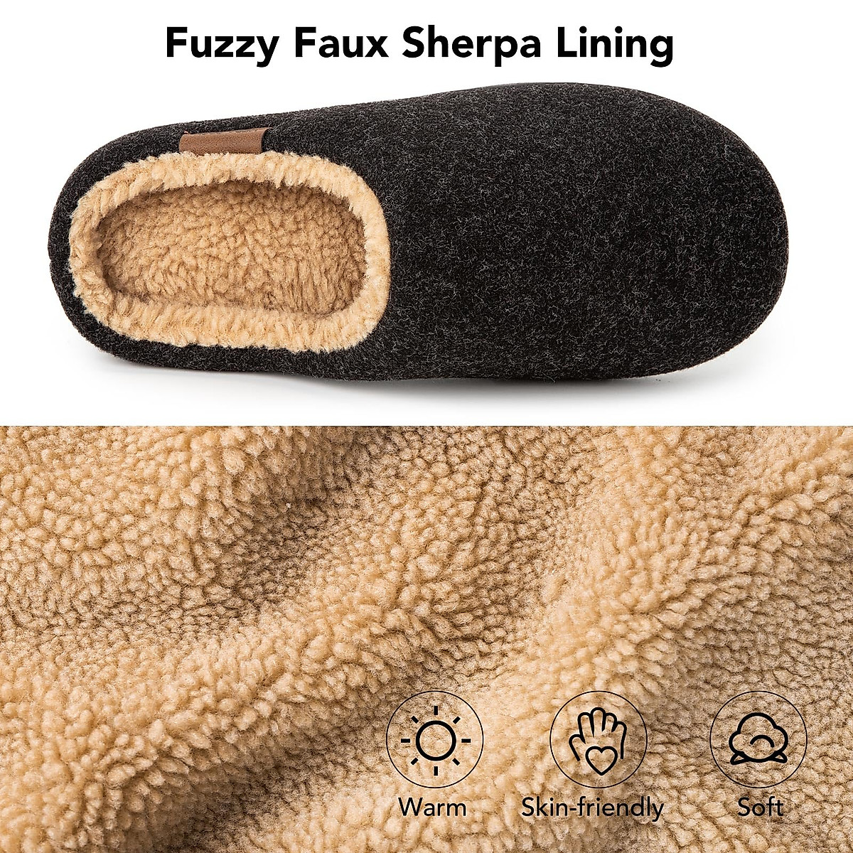 VeraCosy Men's Wool Felt Slippers Warm Fuzzy Faux Sherpa Slip-on Memory Foam Indoor House Slippers Dark Black, 11-12 US