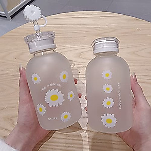 Cute Water Bottles Kawaii Aesthetic Water Bottles Milk Juice Daisy Glass Water Cup for Girls, Straw and 2 Lids, 16 oz (Four flower)
