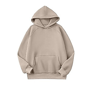 Caracilia Women Solid Basic Loose Hoodie Top Fleece Long Sleeve Pullover Oversized Hooded Sweatshirts with Pocket 2023 Fall Winter Clothes Cute Warm Baggy Sweaters Cozy Outfits 1025shenxing-L Khaki