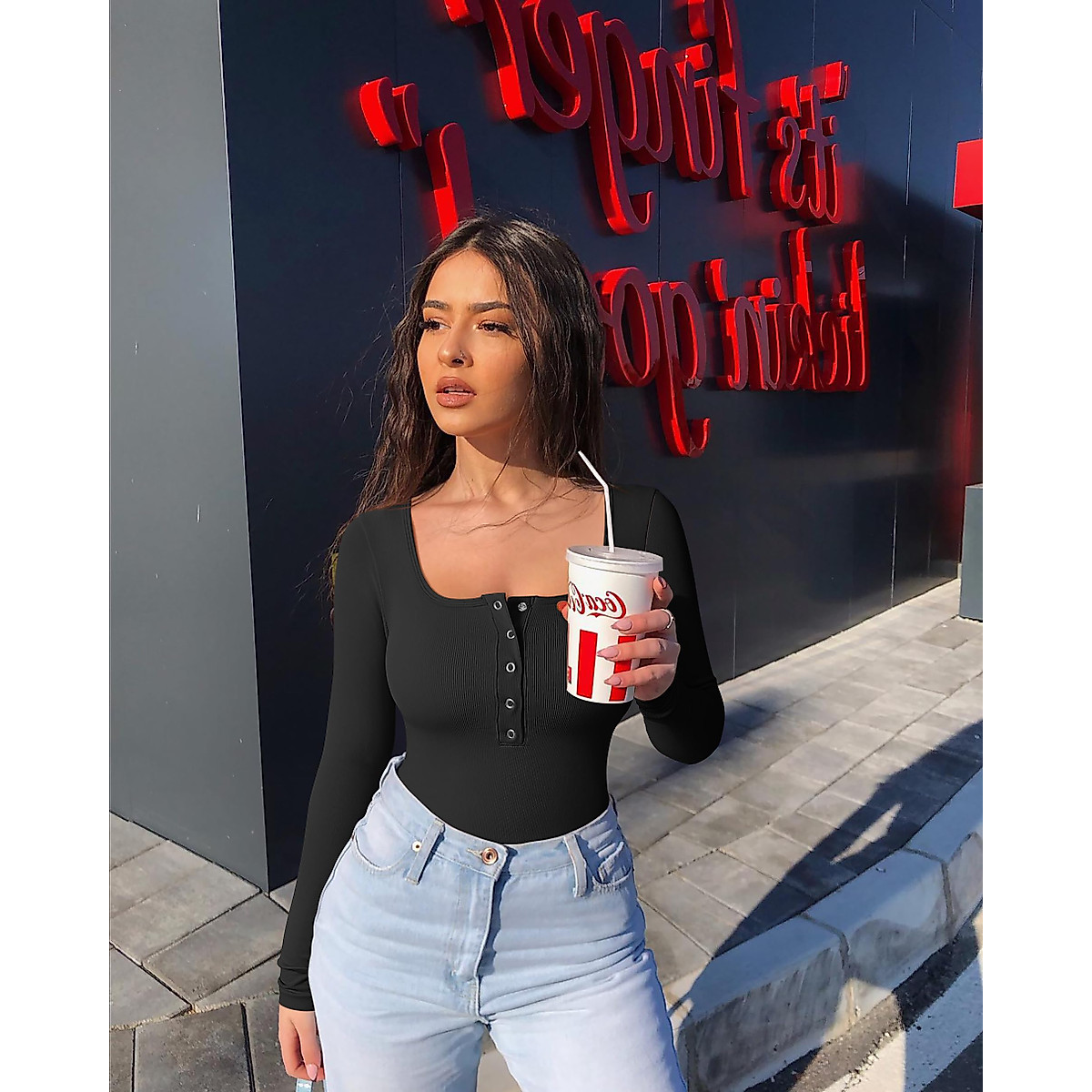 OQQ Women's 2 Piece Sexy Ribbed One Long Sleeve Button Square Neck Top BodySuit, Black,tea Leaf, Small