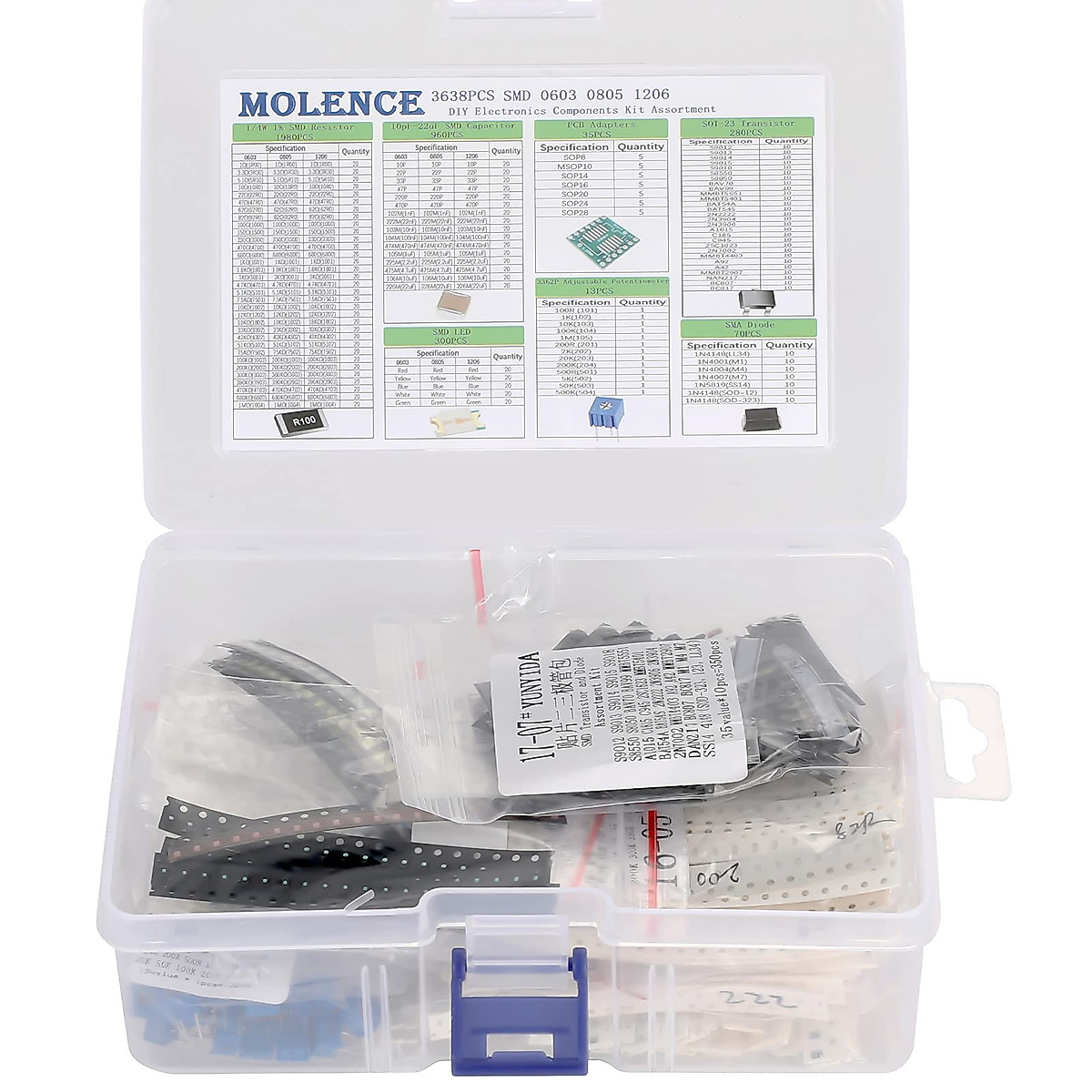 Molence SMD 0603 0805 1206 DIY Electronics Components Kit Assortment, 3638PCS Resistor, Capacitor, LED, PCB, Diode, Transistor, Potentiometer for Arduino UNO MEGA2560 Raspberry Pi MCU