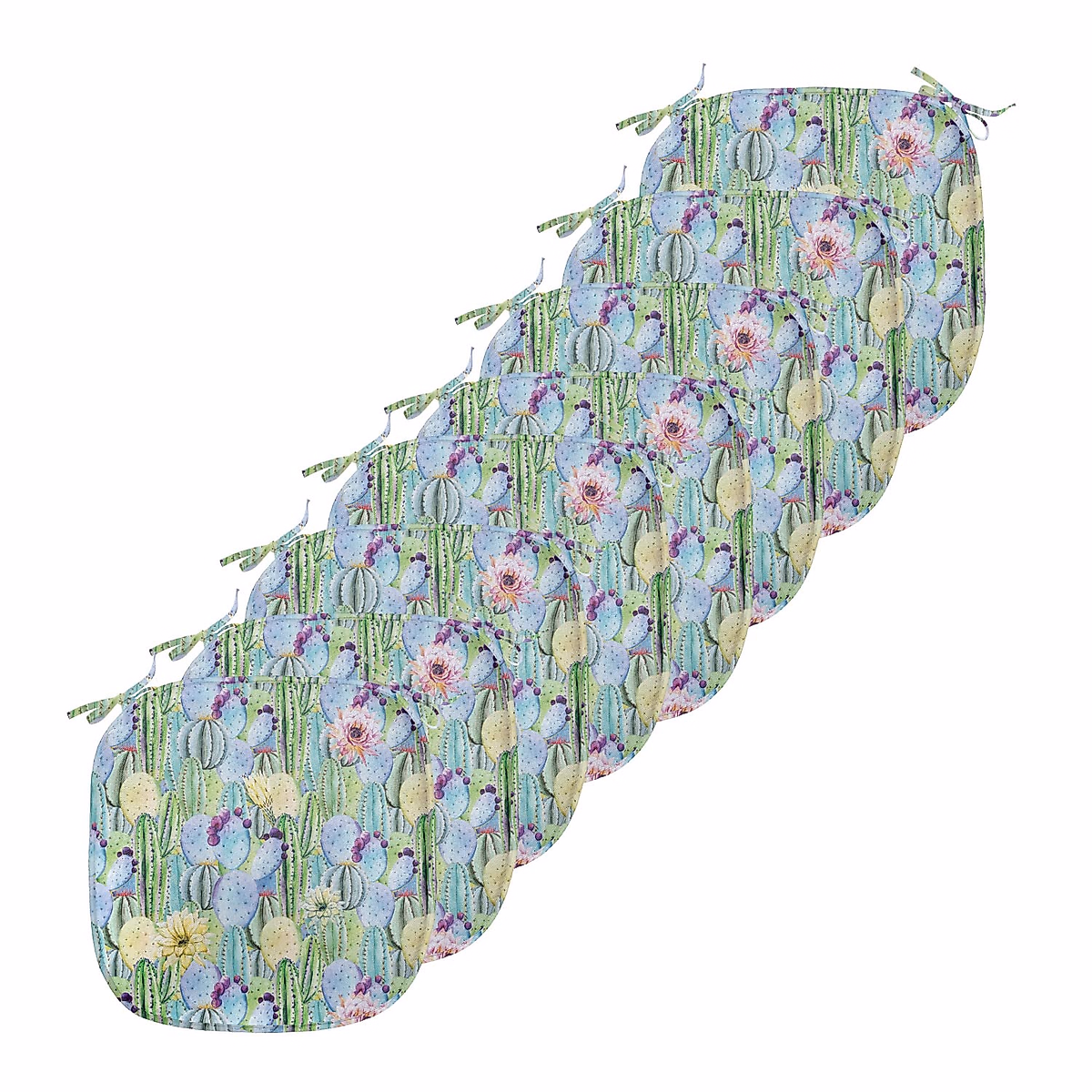 Ambesonne Cactus Chair Seating Cushion Set of 8, Types of Cactus Plant Pattern with Flowers and Buds Fruits Nature Art Image, Anti-Slip Seat Padding for Kitchen & Patio, 16"x16", Green and Blue