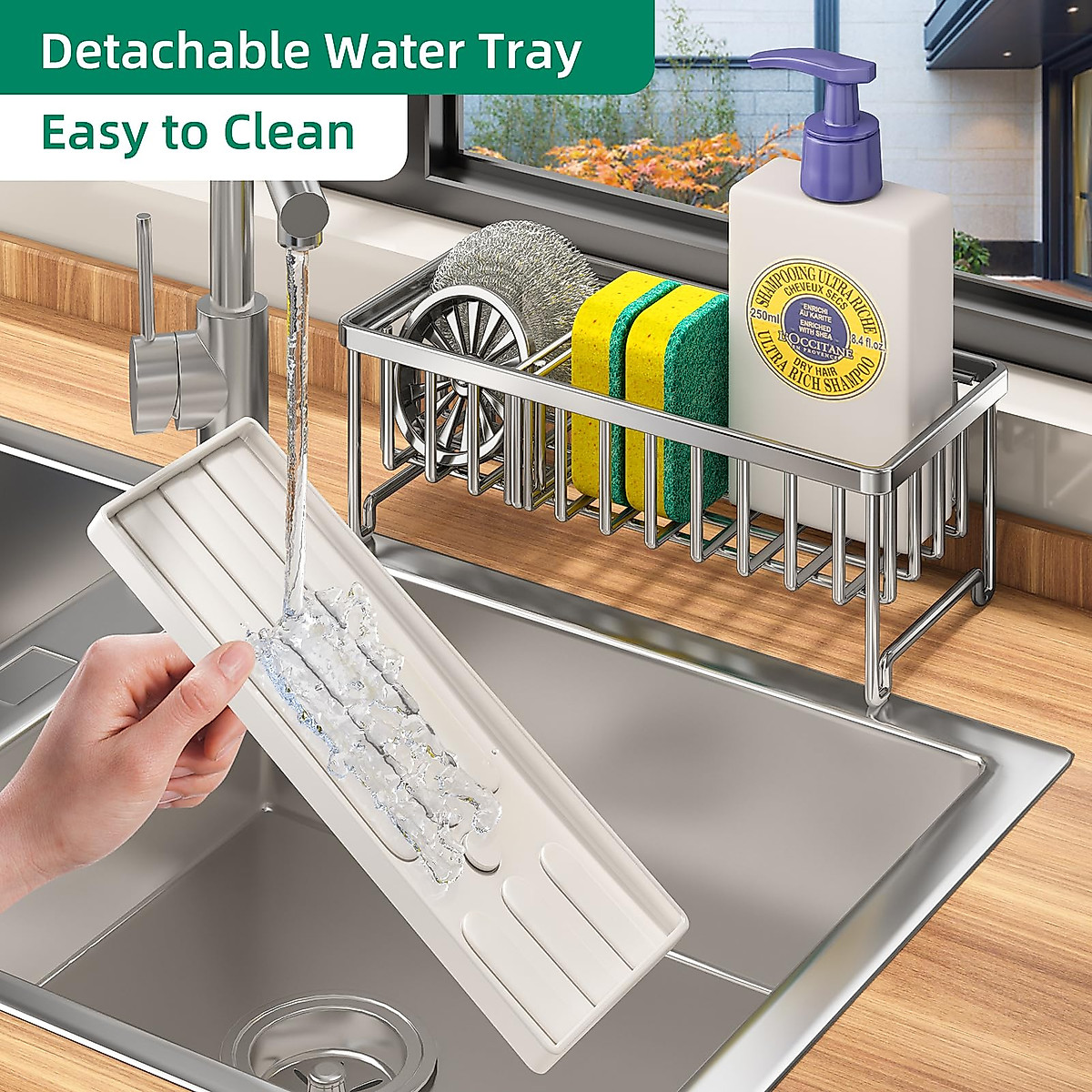 PETXPERT Kitchen Sink Caddy, Sponge Holder for Kitchen Sink, Dish Sponge Organizer with Divider, Rustproof 304 Stainless Steel Dish Brush Holder Storage for Bathroom, Silver