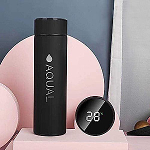 Aqual 17 Fl Oz500ml Stainless Steel Water Bottle with LED Temperature Display-Double Wall Vacuum Insulated | Leak Proof Keep Cold 24 Hrs and Warm 12 Hrs | Varied Colors Thermo Travel Modern Mug(Black)