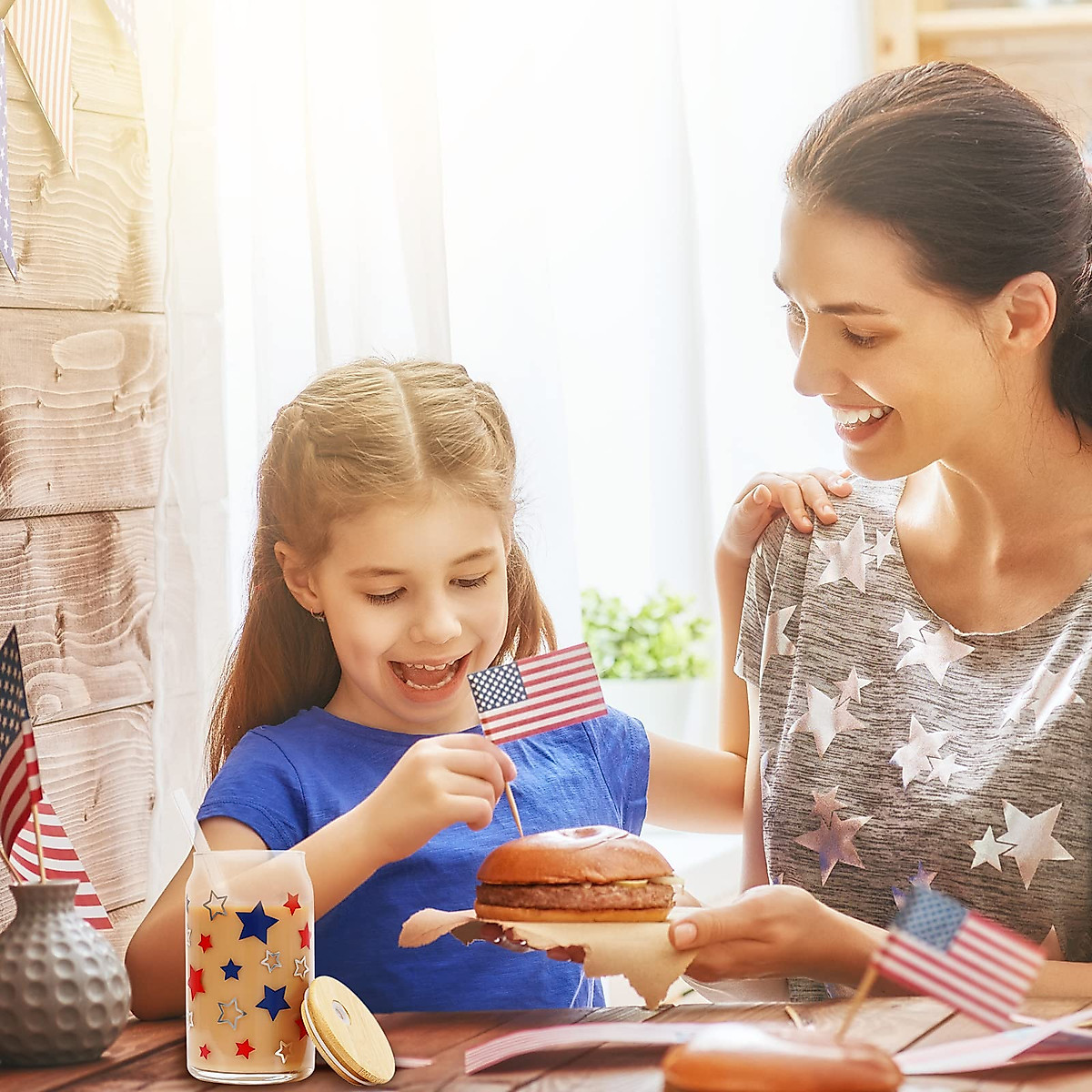 Whaline Patriotic Drinking Glasses with Bamboo Lids and Straw 4th of July Beer Can Glasses 16oz Red Blue White Star Iced Coffee Cups for Independence Day Travel Office Home Gifts, 2Pcs