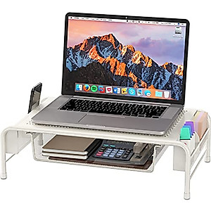 SimpleHouseware Metal Desk Monitor Stand Riser with Organizer Drawer, White