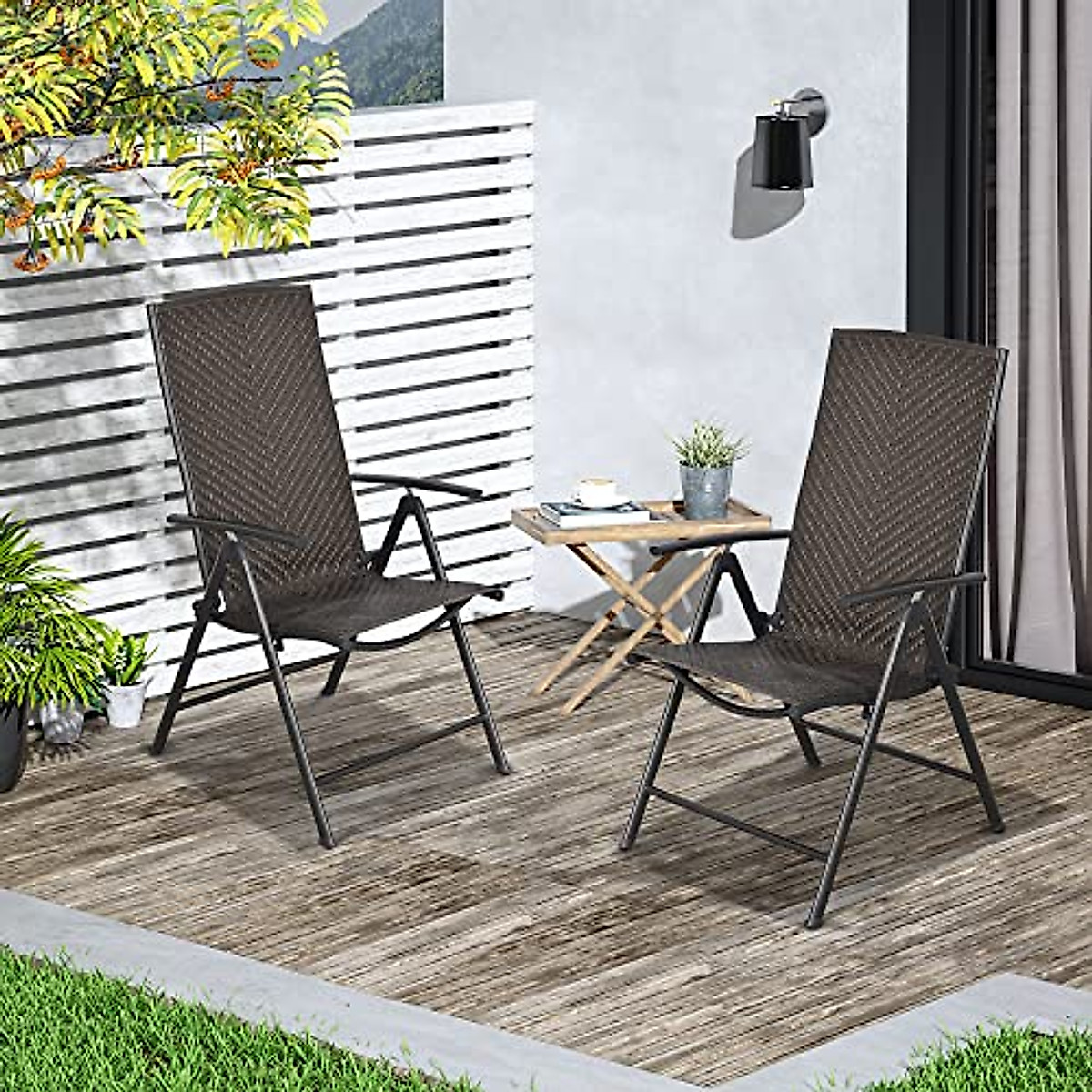 Outsunny Set of 2 Rattan Wicker Patio Dining Chairs with Backrest Adjustable and Folding Design, Outdoor Recliner Set for Garden, Backyard, Lawn, Balcony, Mixed Grey