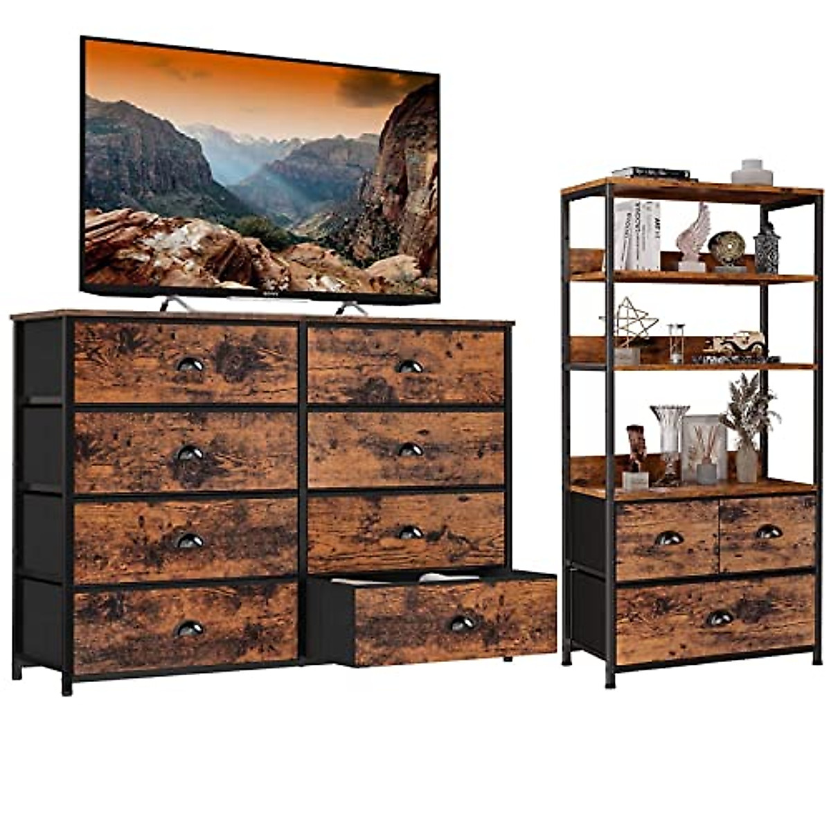 Furnulem 8 Drawer Dresser Wide 40'' Long, Storage Chest of Drawer for 50'' TV Stand and Tall Storage Shelf 4-Tier,Bookshelf Rack with 3 Fabric Storage Drawers
