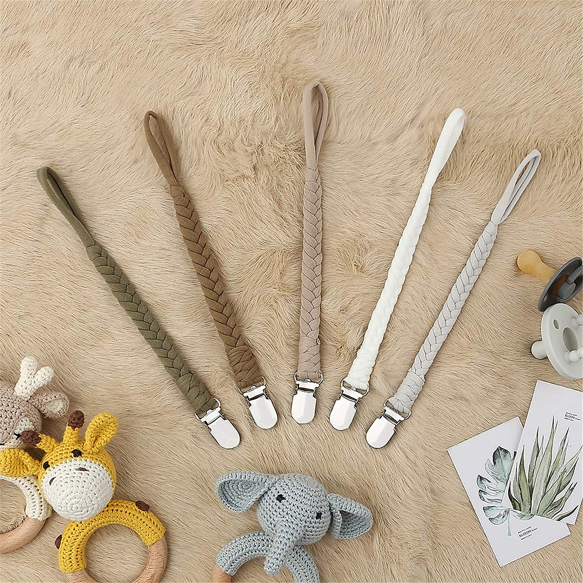 Pacifier Clip for Boys and Girls Binky Holder Pacifier Holder Leash Smoother Clip Handmade Braided Fits All Pacifiers -Modern Unisex Baby Birthdays Gift（5 Pack）