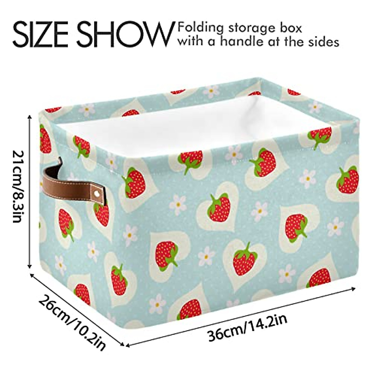 xigua Strawberry Pattern Storage Bins Foldable Fabric Storage Basket with Leather Handles for Organizing Closet, Shelves, Nursery Toy, Laundry Room (1 Pcs, 14.2" x 10.2" x 8.3")