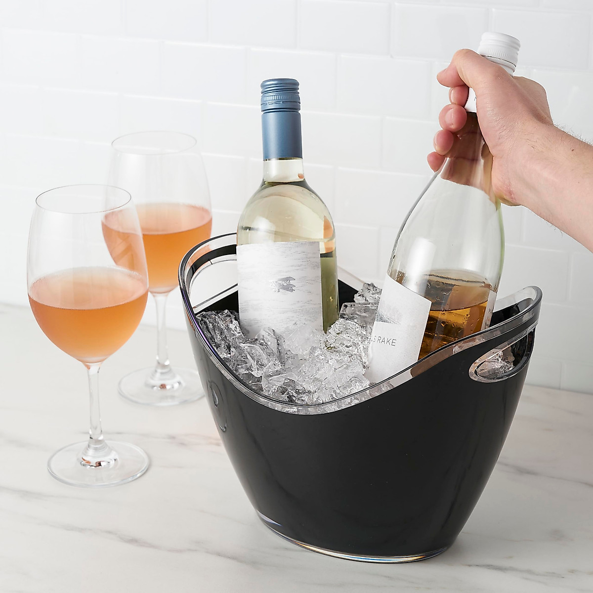 True Modern Wine & Champagne Bucket | Black Ice Beverage Tub - Indoor & Outdoor Drink Bucket for Parties - 2 Bottles Capacity Champagne & Wine Chiller Bucket - 10.5" x 8.25" x 7.75"