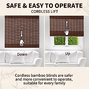 Cordless Bamboo Blinds Roman Shades Natural Weave Bamboo Roll Up Bamboo Blinds for Indoor Windows Home and Garden Easy Installation 30W*72L