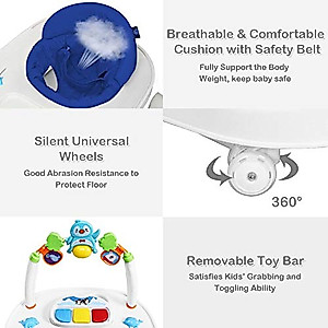 BABY JOY Baby Walker, 2 in 1 Foldable Activity Behind Walker with Adjustable Height & Speed, Friction Control Functions, Safety Belt, High Back Padded Seat, Music, Detachable Penguin Play Bar (Blue)