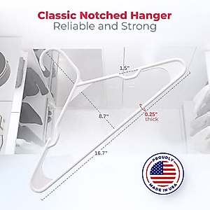 USA-Made Notched White Plastic Hangers (15, 30, 45, 60, 150 Packs) Clothes Plastic Coat Hangers | Non-slip Heavy Duty White Hangers Plastic, Quality Slim Adult Hangers Shoulder Grooves (60 Pack)