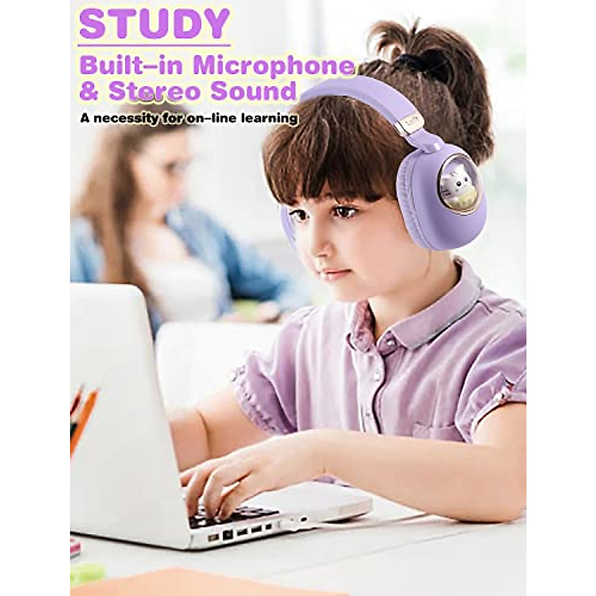 Usoun Kids Wireless Headphones, Bluetooth Over Ear Headphones with Cute Cat Colorful LED Lights,Wireless&Wired,Foldable,Build-in Mic,Bluetooth Headphones for Kids Girls Teens Adults,School (Purple)