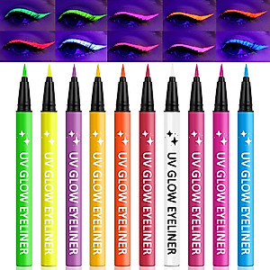 Erinde 10 Colors UV Neon Glow Liquid Eyeliner Set, Matte Colored Eye Liner Pen, Waterproof Smudge Proof, High Pigmented Colorful Graphic Liners for Rave Party Halloween Neon Face Body Paint Makeup