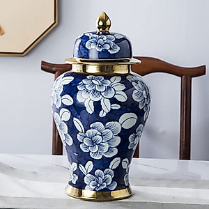 Hand Painted Blue and White Porcelain Ginger Jar Ceramic Vase, Chinese Style Living Room Home Decoration, Temple jar with Gilt Edge (Size : Small)