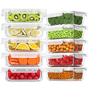 Bayco 10 Pack Glass Meal Prep Containers, Glass Food Storage Containers with Lids, Airtight Glass Lunch Bento Boxes, BPA-Free & Leak Proof (10 lids & 10 Containers) - Grey