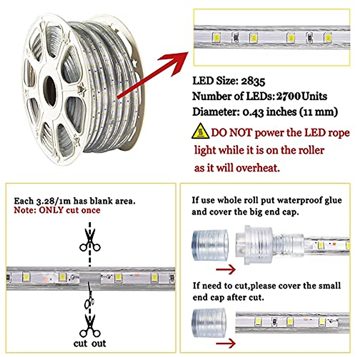 SURNIE 150ft LED Rope Lights Outdoor Waterproof - 110V Daylight White Dimmable Thick Flat Strip Light 6500K Cuttable Connectable for Stairs,Deck,Backyards,Commercial Use Indoor Outdoor Rope Lighting