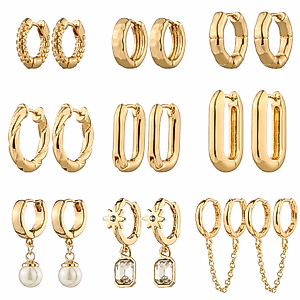 9 Pairs Gold Chunky Hoop Earrings Set for Women, 14K Plated Twisted Huggie Earring Hypoallergenic, Lightweight Thick Open Hoops Jewelry Gifts. (B-9 Earrings)