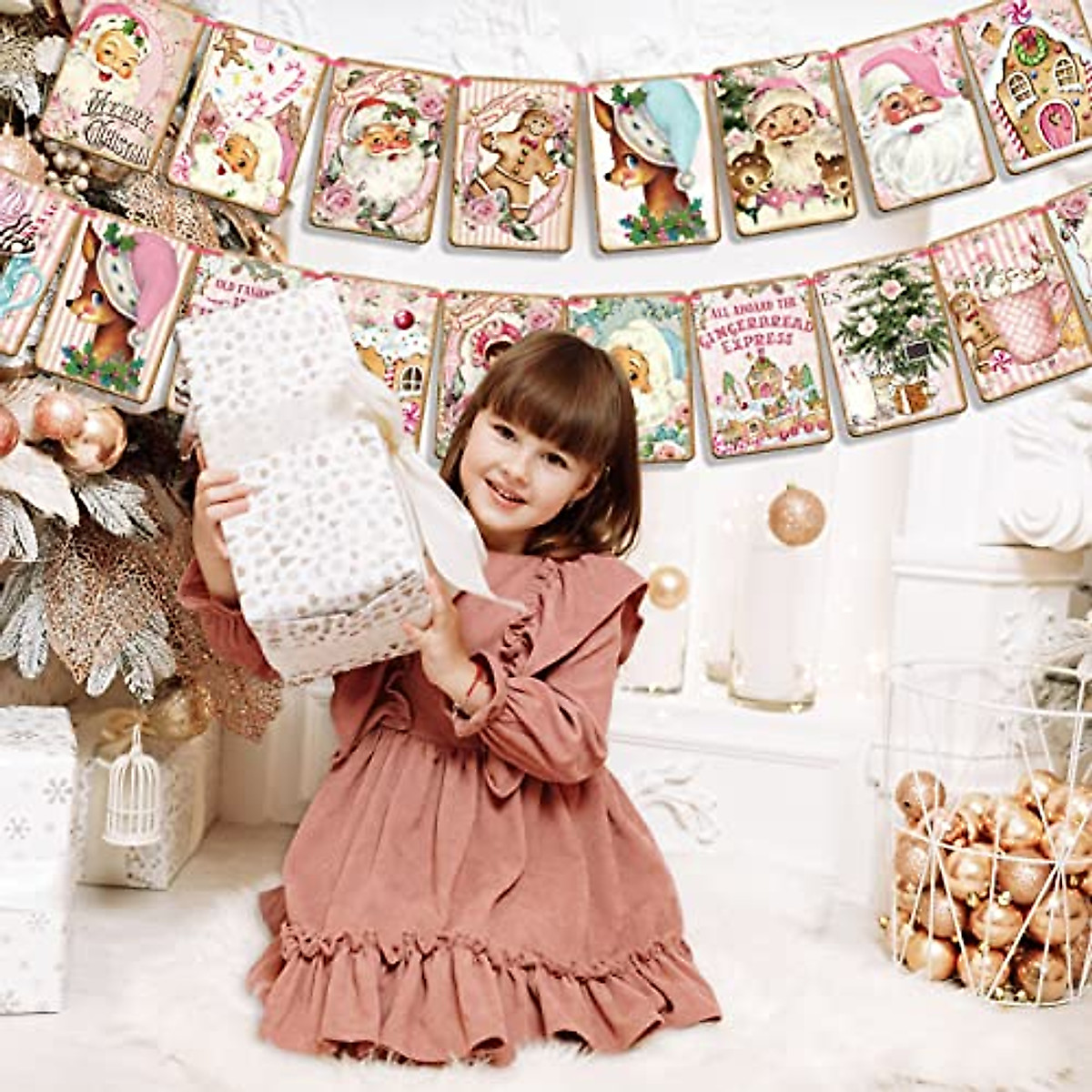 Pink Christmas Decorations Vintage Style Santa Claus Elk Gingerbread Banner Merry Christmas Hanging Banner for Home Office Party Fireplace Christmas Party Supplies