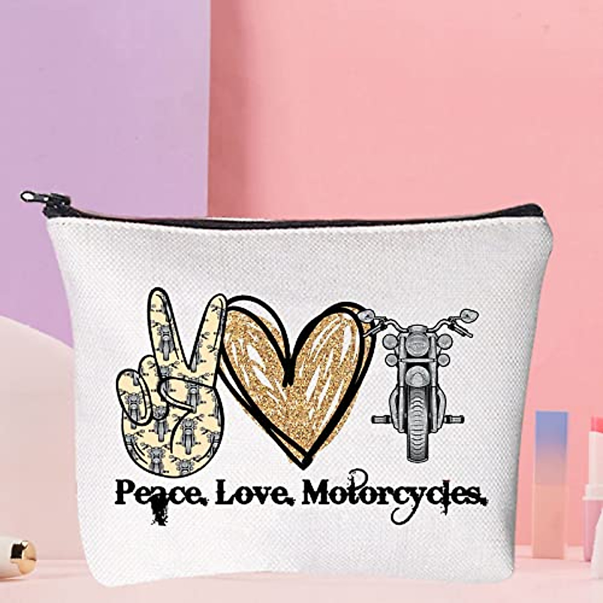 WZMPA Motorcyclist Cosmetic Bag Ride Safe Biker Gift Peace Love Motorcycle Makeup Zipper Pouch Bag For Friend Family (Peace Motorcycle)