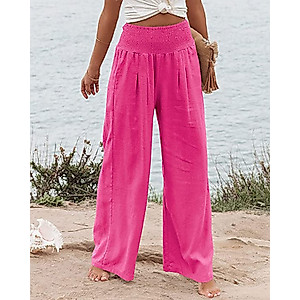 Vansha Women Summer High Waisted Cotton Linen Palazzo Pants Wide Leg Long Lounge Pant Trousers with Pocket Hot Pink M