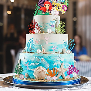 QUEEN KING 33 pcs Mermaid Cake Topper,Little Resin 3D Mermaid Seaweed Palm Leaves Bubble Starfish Shell Mermaid Tail Cupcake Picks for Kids Girls Birthday Baby Shower Party Decorations