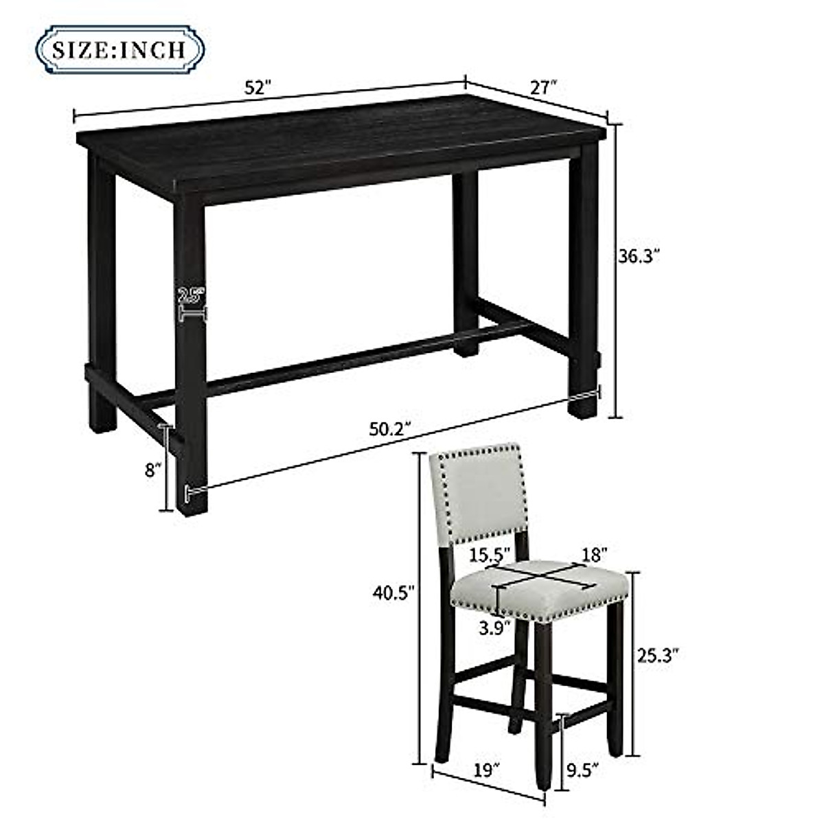 WOZNLA 6-Piece Counter Height Dining Table Set - Rectangular Table with Convenient Shelf, 4 Comfortable Chairs, and Stylish Bench for Dining Room and Kitchen Furniture