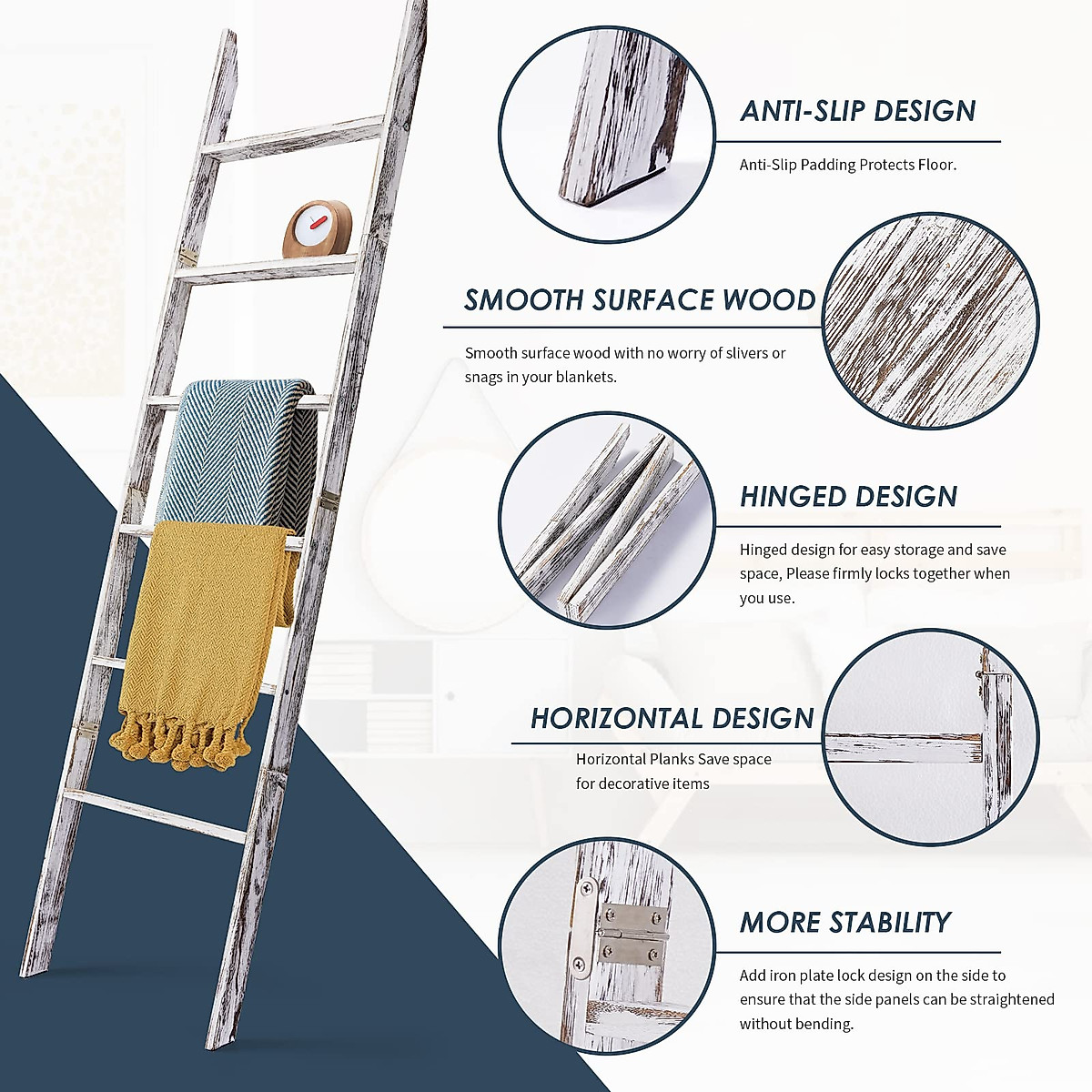 6-Tier Blanket Ladder Wooden, 5.7FT(66.5'') Blanket Quilt Towel Holder Rack Decorative Ladder, Easy Assembly, Rustic Farmhouse Ladder Shelf for The Living Room Bedroom Bathroom Home Decor, White Wash