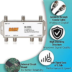 BAMF 6 Way Coaxial Cable Splitter, Bi-Directional Coax MoCA 5-2300MHz, RG6 Compatible, Nickel Plated Cable Splitter 2 Way Internet and TV Splitter, Satellite, Antenna, Analog/Digital Connections
