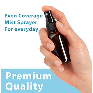 JUVITUS 1 oz Amber Glass Boston Round Bottle with Black Fine Mist Sprayer (12 pack) + Funnel